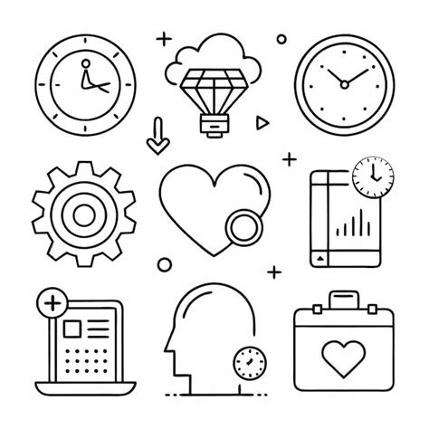 A Set Of Nine Black And White Icons Related To Time Management And Productivity Including Clocks