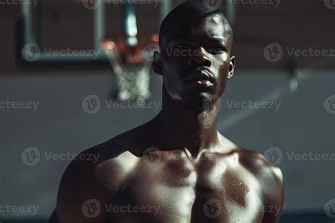 Young Athletic Black Man Posing Shirtless After Basketball Training