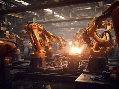 Premium Ai Image Intelligent Robotic Arm Cooperation In A Modern Factory
