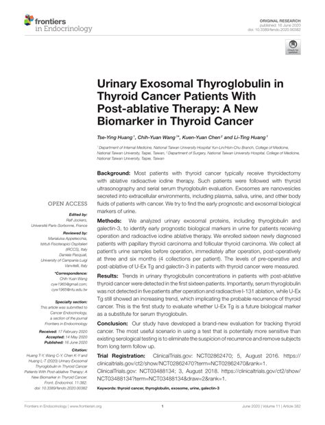 Pdf Urinary Exosomal Thyroglobulin In Thyroid Cancer Patients With Post Ablative Therapy A