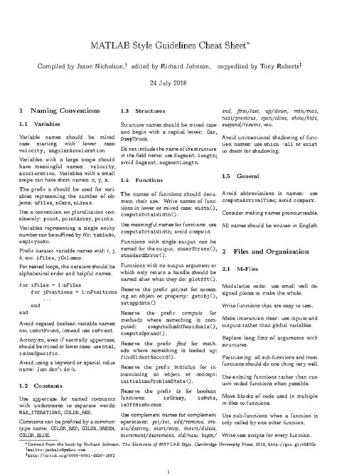 Matlab Style Guidelines Cheat Sheet A 4 Matlab Style Guidelines Cheat Sheet ∗ Compiled By