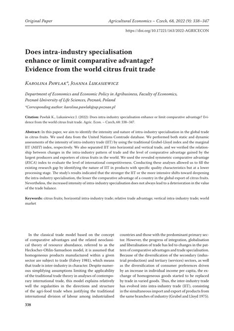 Pdf Does Intra Industry Specialisation Enhance Or Limit Comparative