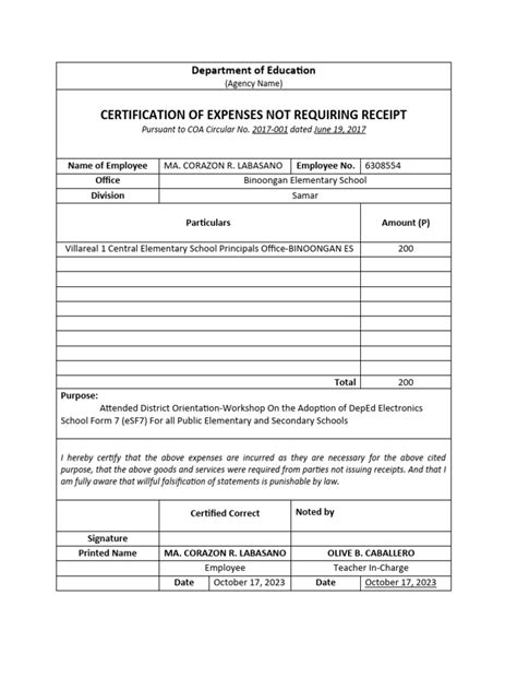 Certification Of Expense Below 300 Pdf Government