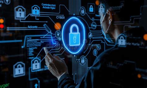 Person Interacting With Digital Interface Displaying Cybersecurity Elements Including Lock