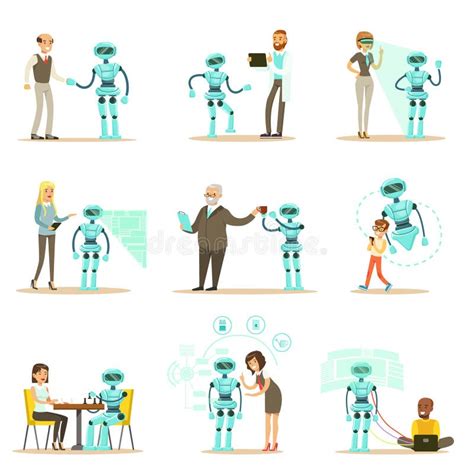 Smiling People And Robot Assistant Set Of Characters And Service Android Companion Stock Vector