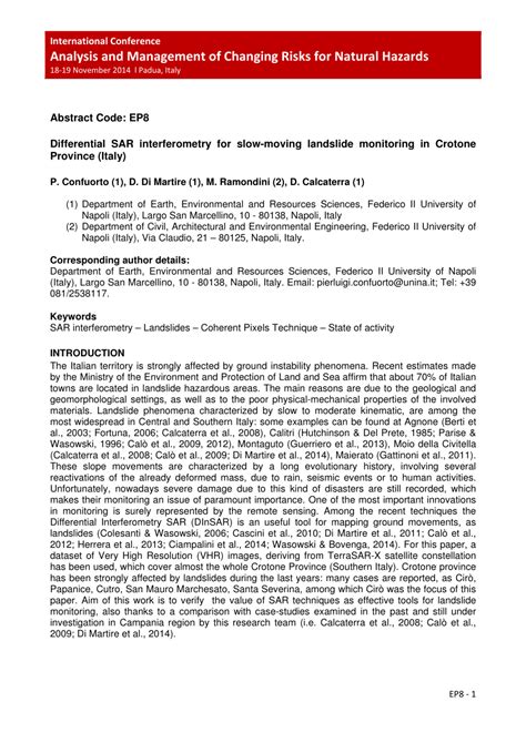 Pdf Differential Sar Interferometry For Slow Moving Landslide Monitoring In Crotone Province