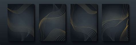 블랙 백에 황금 매끄러운 얇은 잉크 라인추상 미니멀 포스터 컬렉션 럭셔리 배너 벡터 디자인 A4 사이즈 전단지 포장 초대 커버 명함에 이상적입니다 0명에 대한 스톡 벡터