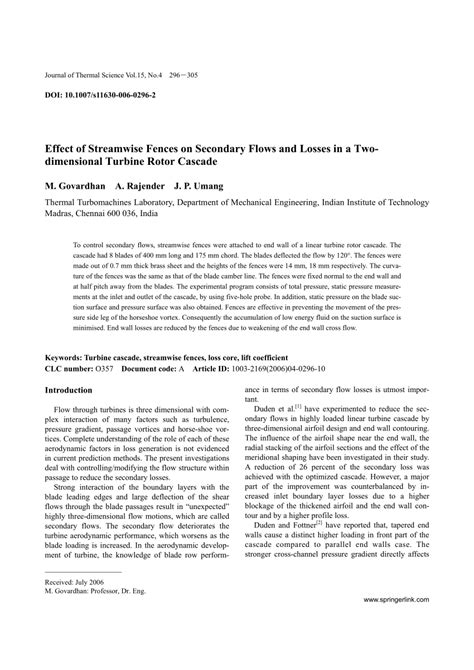 Pdf Effect Of Streamwise Fences On Secondary Flows And Losses In A Two Dimensional Turbine