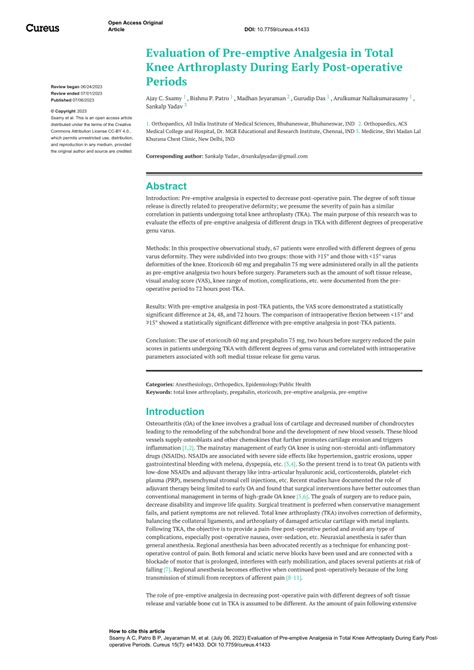 Pdf Evaluation Of Pre Emptive Analgesia In Total Knee Arthroplasty During Early Post Operative