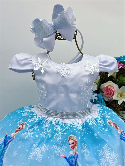 Vestido Infantil Frozen Branco E Azul Elsa Anna Temático Puzzle
