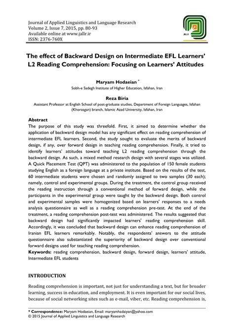 Pdf Effect Of Backward Design On Iranian Intermediate Efl Learners L2 Reading Comprehension