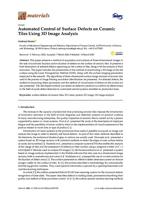Pdf Automated Control Of Surface Defects On Ceramic Tiles Using 3d Image Analysis Andrzej