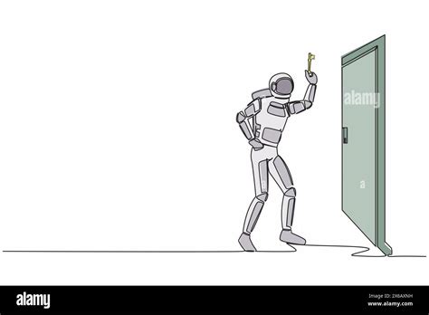 Continuous One Line Drawing Astronaut Lifting Key In Front Of Door Spaceman Hold Key To Open
