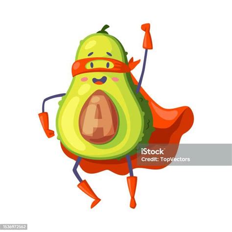 녹색 아보카도 슈퍼 히어로 캐릭터는 팔을 들고 빨간 망토 또는 망토와 마스크를 정의의 전투기 벡터 일러스트레이션으로 착용합니다 건강한 식생활에 대한 스톡 벡터 아트 및 기타
