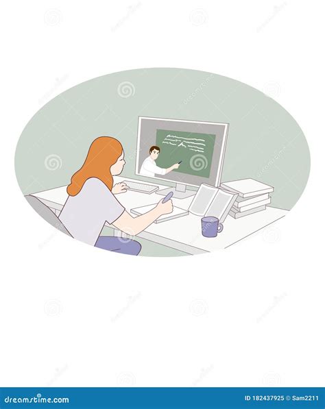 Girl In Front Of Monitor Studying Online Home Babeing Concept Distance Education Stock