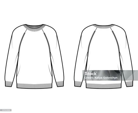 리브 크루 넥 긴 라글란 슬리브 오버사이즈 허벅지 길이 니트 커프 트리밍 소재 스웨터 테크니컬 패션 일러스트 0명에 대한 스톡