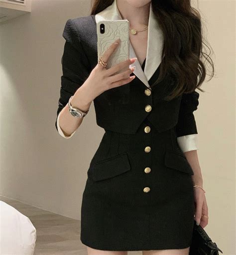 샤인글램 당일출고set 슬림핏 카라 긴팔 연말룩 하객룩 배색 금장 단추 블레이저 크롭 트위드 자켓 스커트 투피스 셋업 정장 세트