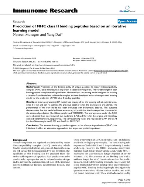Pdf Prediction Of Mhc Class Ii Binding Peptides Based On An Iterative