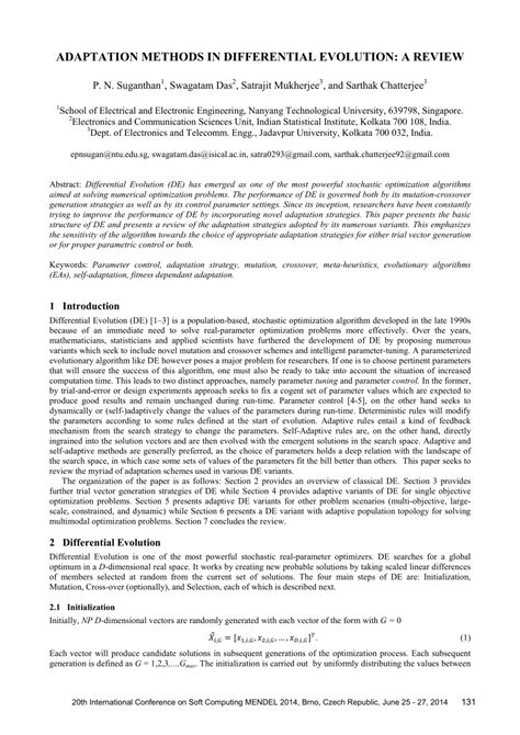 Pdf Adaptation Methods In Differential Evolution A Review