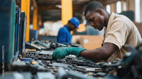 Workers Disassembling Electronic Devices In A Recycling Facility