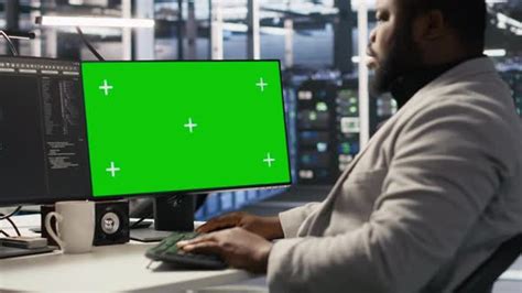 Data Center Programmer Working On Green Screen Desktop Pc Technology Stock Footage Ft Green