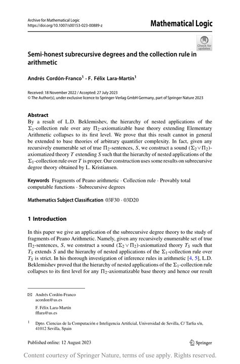 Semi Honest Subrecursive Degrees And The Collection Rule In Arithmetic Request Pdf