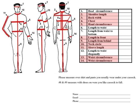 Sizing Charts For Cassock And Ryassa