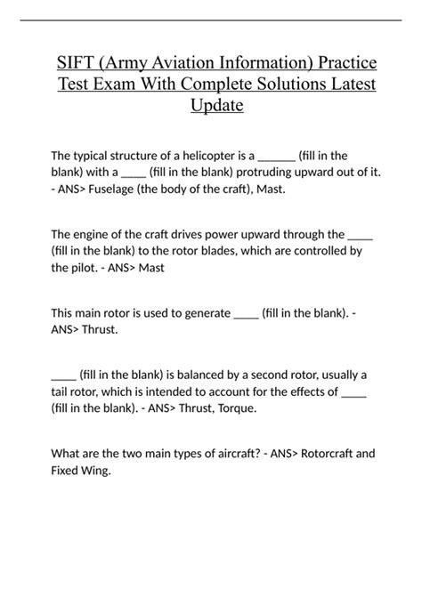 Sift Army Aviation Information Practice Test Exam With Complete Solutions Latest Update Sift