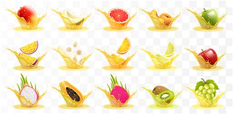 망고 멜론 오렌지 복숭아 사과 패션 프루트 바나나 자몽 레몬 포도 파파야 드래곤 과일 키위 주스 신선한 과일과 스플래쉬 3d 현실적인 벡터 아이콘 세트 패션프룻에 대한 스톡