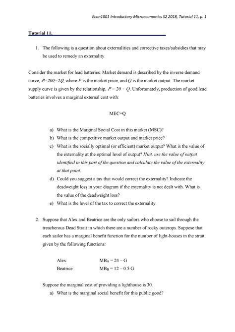 Econ S Tutorial Econ Introductory Microeconomics S Tutorial P
