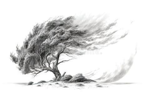 Drawing Tree In Strong Wind Isolated On White Background AI Generated Stock Illustration