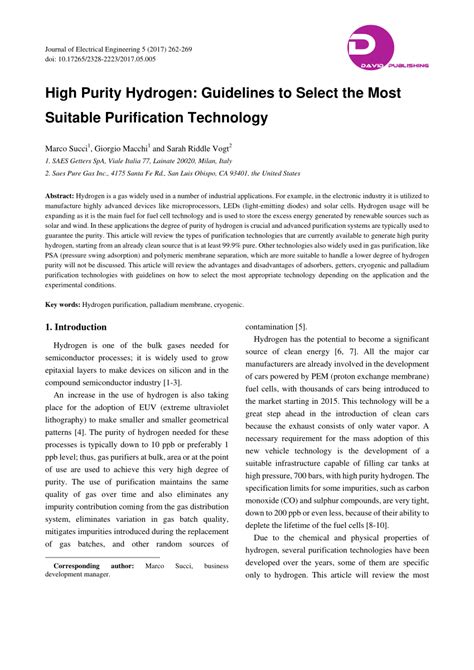 Pdf High Purity Hydrogen Guidelines To Select The Most Suitable Purification Technology