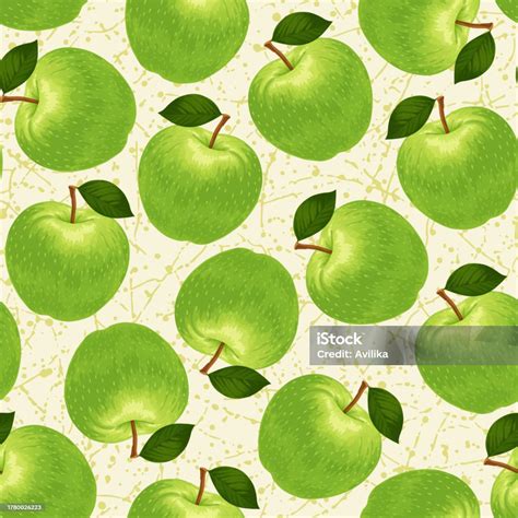 녹색 사과 베이지 색 배경에 녹색 사과의 매끄러운 패턴이 튀어 있습니다 잎이 달린 사과 전체 디자인은 벽지 직물 라벨 포장에 적합합니다 개체 그룹에 대한 스톡 벡터 아트 및