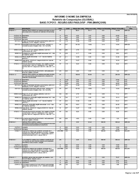 Composições De Custos De Construção Pdf Engenharia Civil Materiais