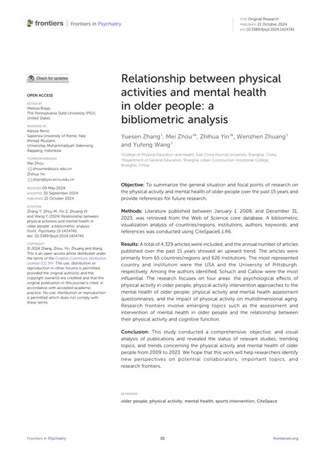 Pdf Relationship Between Physical Activities And Mental Health In Older People A Bibliometric