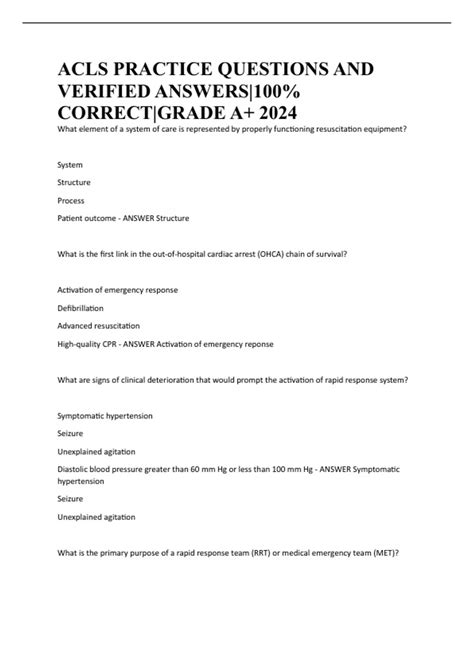 Acls Practice Questions And Verified Answers 100 Correct Grade A 2024 Acls Stuvia Us