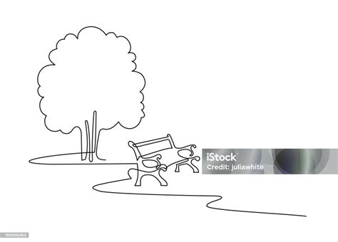 정원이나 공원의 길에 있는 나무 벤치 자연 속에서 휴식을 취할 수 있는 공간 연속 선화 벡터 일러스트 레이 션입니다 한붓그리기에 대한 스톡 벡터 아트 및 기타 이미지