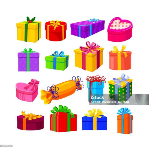 흰색 배경에 고립 된 선물 세트입니다 크리스마스 권투 의 날 생일 축하 리본과 활로 싸여 다른 모양의 다채로운 선물 상자 만화 벡터 일러스트 아이콘 만화 벡터 일러스트레이카