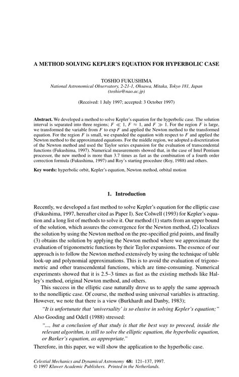 Pdf A Method Solving Keplers Equation For Hyperbolic Case