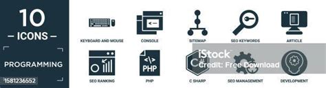 채워진 프로그래밍 아이콘 세트입니다 플랫 키보드 및 마우스 콘솔 사이트맵 Seo 키워드 기사 Seo 순위 Php C 샤프 Seo 관리 편집 가능한 형식의 개발 아이콘이
