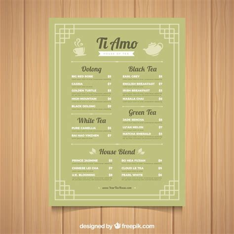 음료의 종류와 차 메뉴 템플릿 무료 벡터