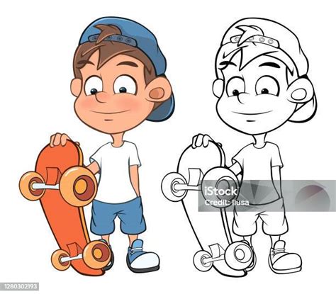 당신을 위한 귀여운 만화 캐릭터 소년 스케이트 보더의 벡터 일러스트레이션 및 컴퓨터 게임 색칠 공부 개요 세트 스케이트 보드 가족에 대한 스톡 벡터 아트 및 기타 이미지