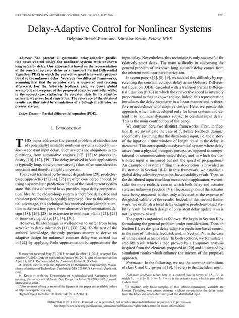 Pdf Delay Adaptive Control For Nonlinear Systems