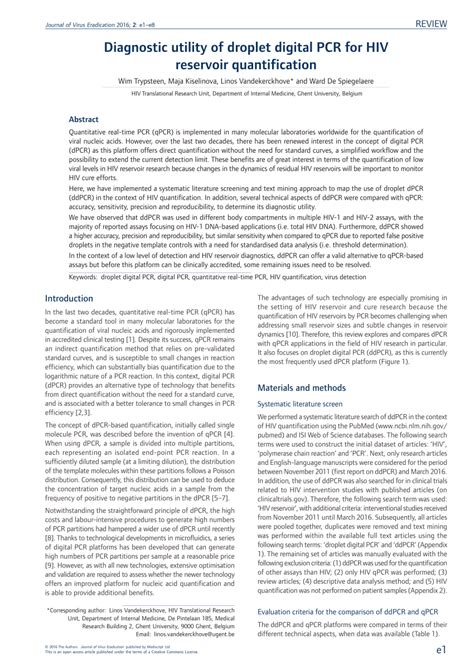 Pdf Diagnostic Utility Of Droplet Digital Pcr For Hiv Reservoir Quantification