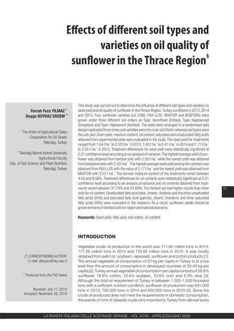 PDF Effects Of Different Soil Types And Varieties On Oil Quality Of Sunflower In The Thrace Region