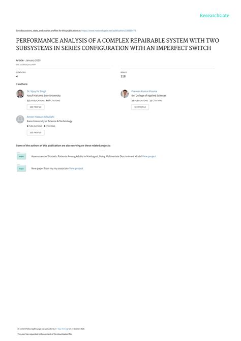 Pdf Performance Analysis Of A Complex Repairable System With Two Subsystems In Series