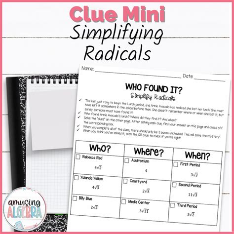 Simplifying Radicals Clue Mini Mystery Activity Made By Teachers