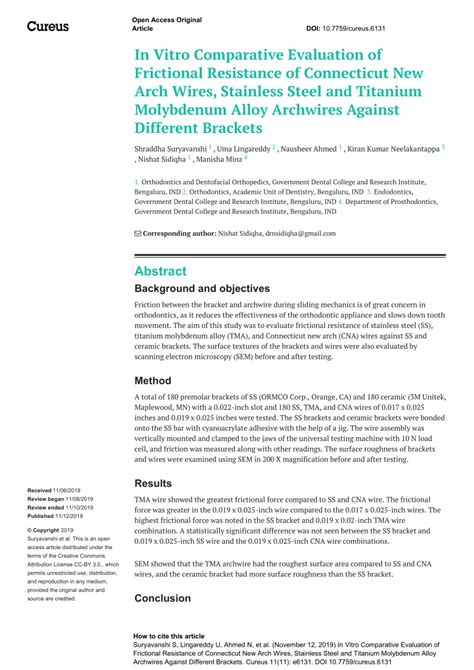 Pdf In Vitro Comparative Evaluation Of Frictional Resistance Of Connecticut New Arch Wires