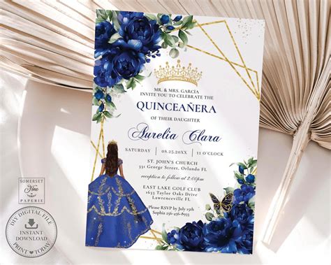 Royal Blue Floral Quinceañera Invitation Printable Instant Download