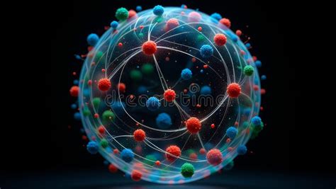 Colorful Abstract Molecular Structure With Interconnected Particles In A Dark Setting Stock